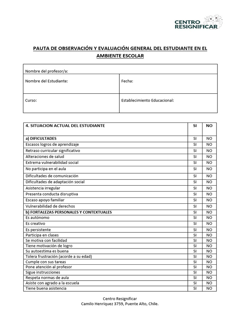 Pauta de Observacion y Evaluacion General Del Estudiante en El Ambiente Escolar | PDF | Salón de ...