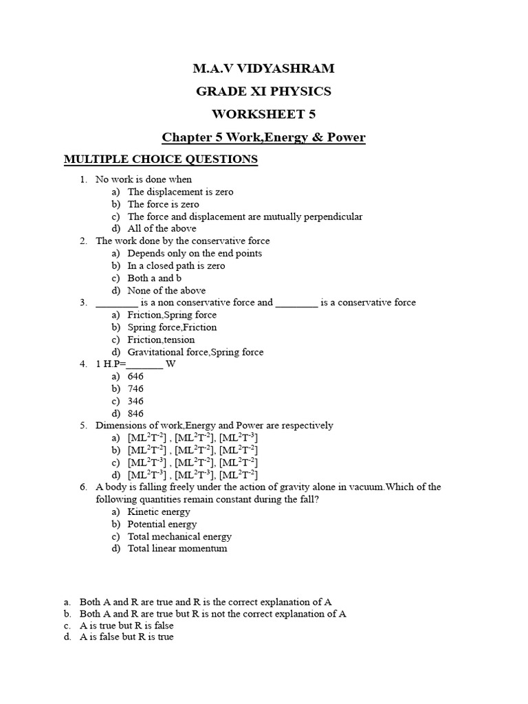 G11 Physics WS 5 Work, Energy & Power | PDF | Force | Collision