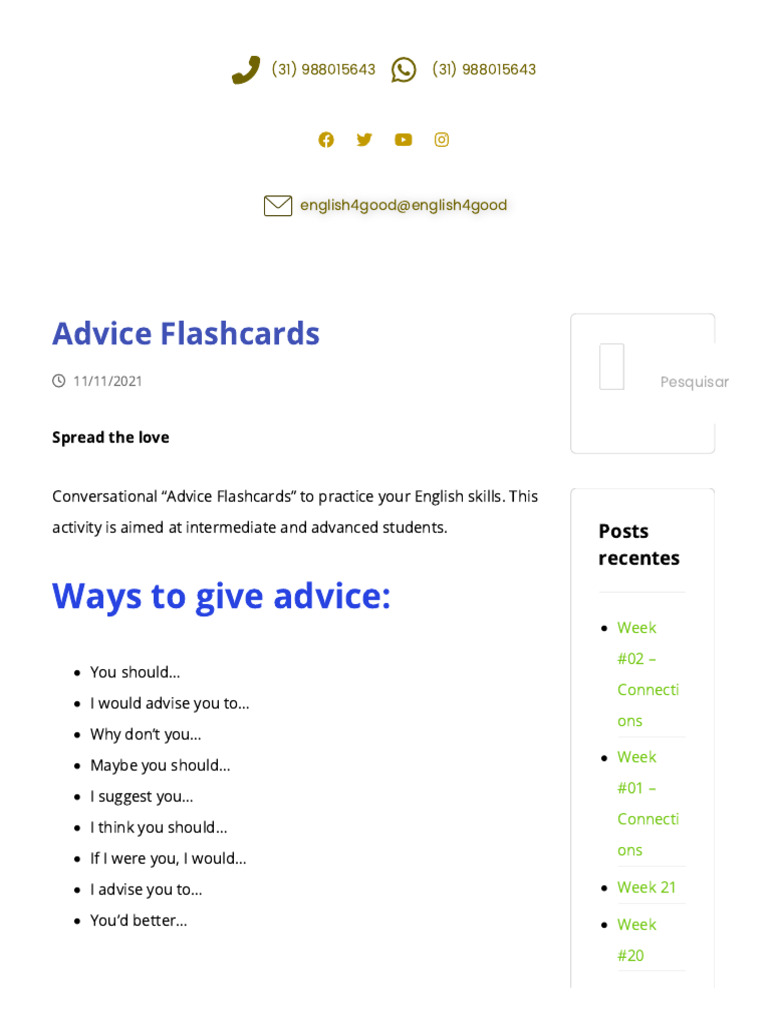 Advice Flashcards - English4Good Advice Flashcards | PDF | Flashcard ...