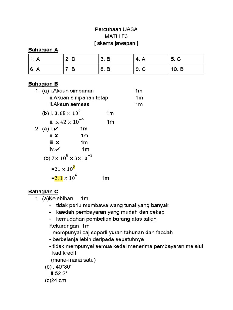 Percubaan UASA MATH F3 - SKEMA JAWAPAN | PDF