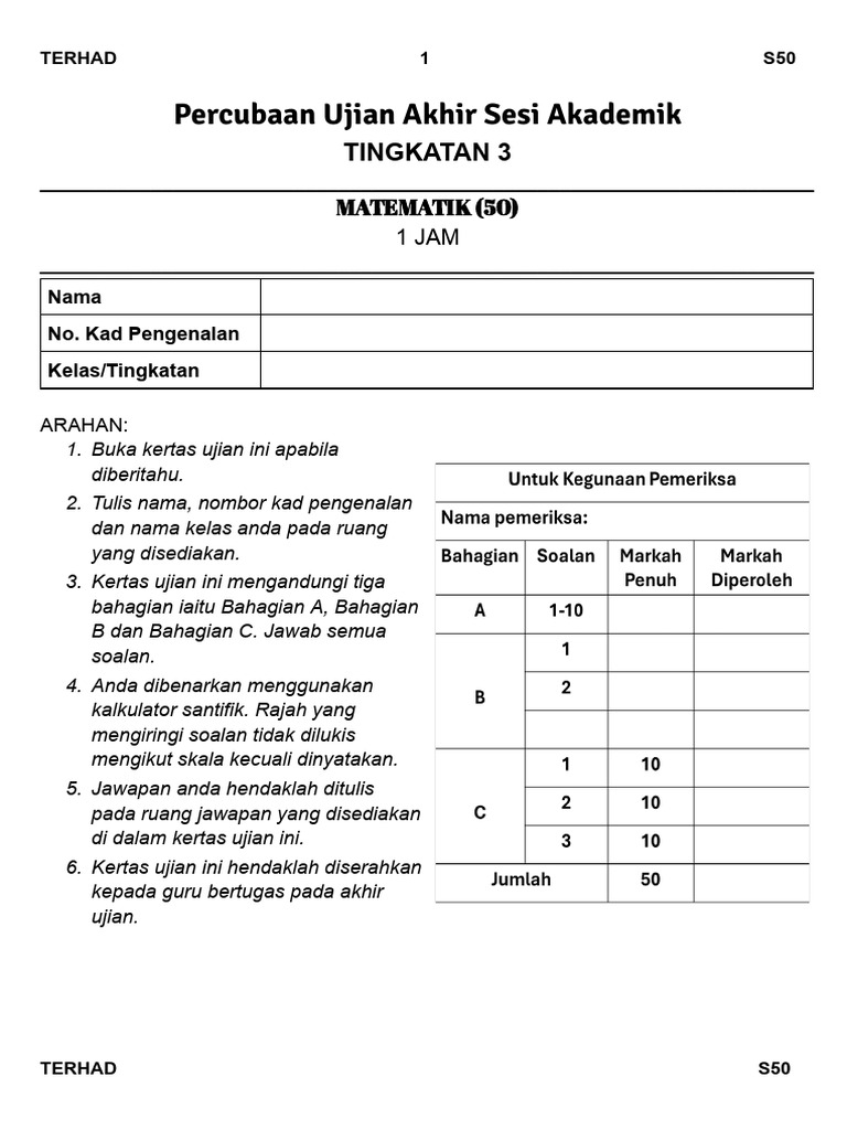 Percubaan UASA - MATH F3 | PDF