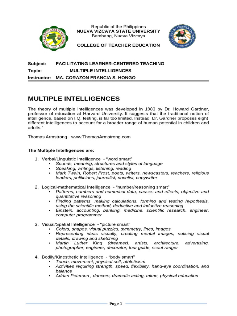 MULTIPLE INTELLIGENCES | PDF | Cognition | Learning