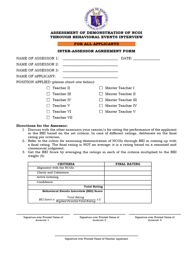 NCOI BEI Inter-Assessor Agreement Form For All Applicants | PDF