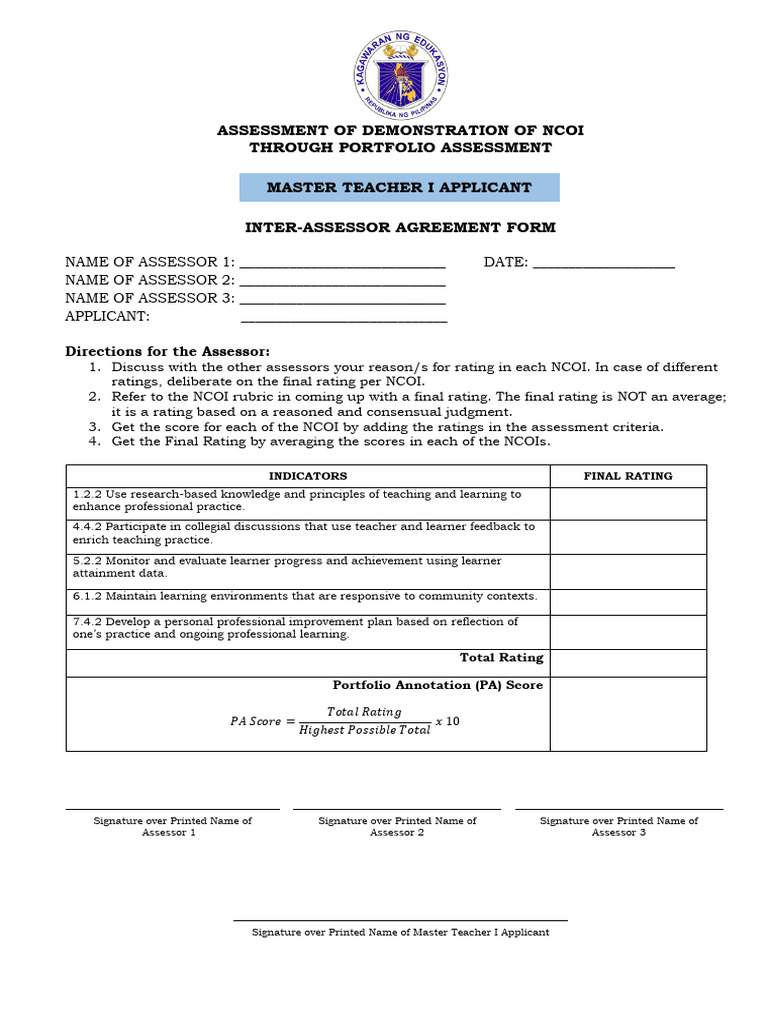 NCOI Portfolio Assessment - Inter-Assessor Agreement Form For Master Teacher I Applicant | PDF