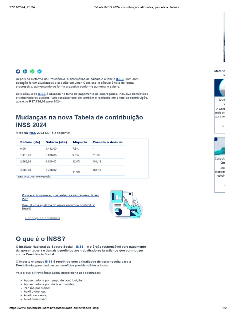 CONTABILIZEI 2024 Tabela INSS 2024 - Contribuição, Alíquotas, Parcela A ...