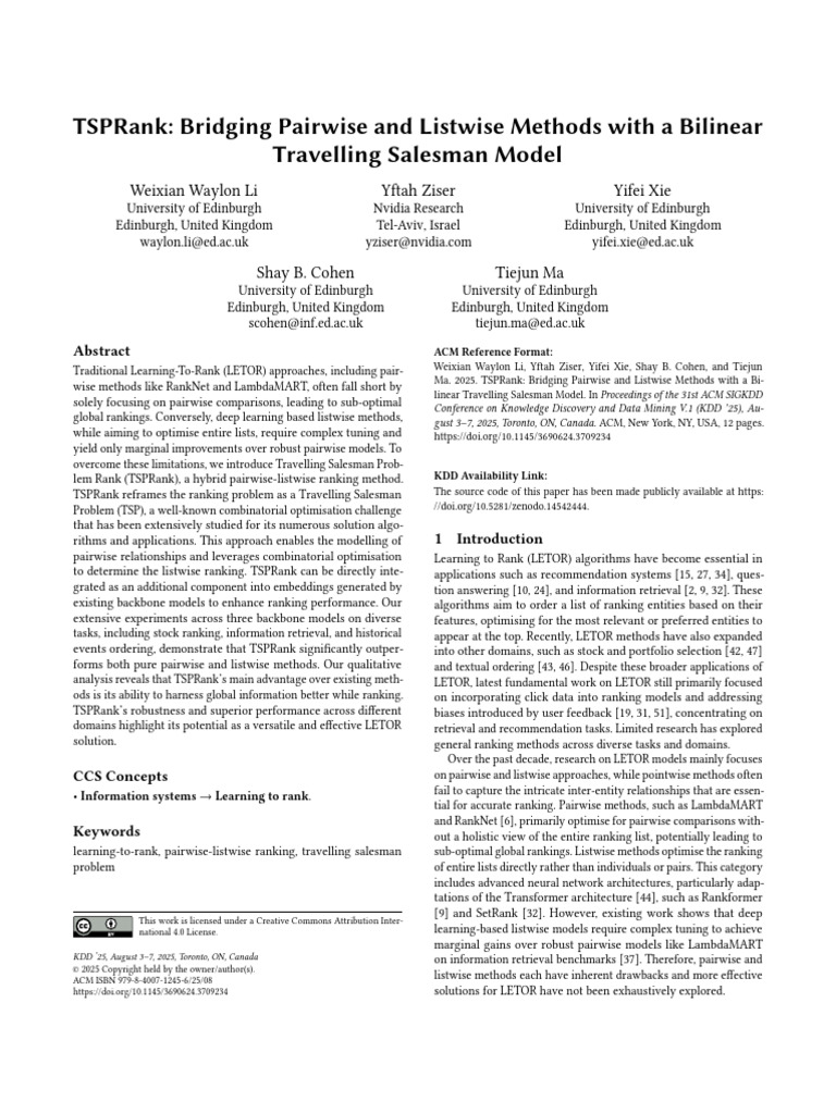 TSPRank: Bridging Pairwise and Listwise Methods with a Bilinear Travelling Salesman Model | PDF ...
