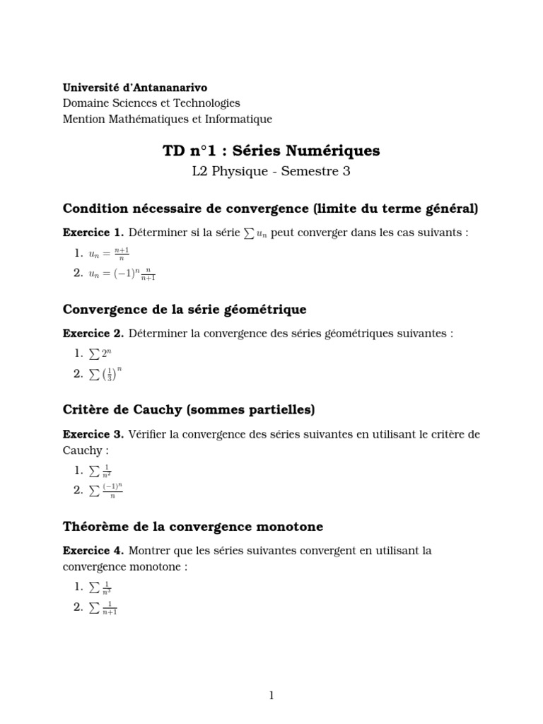 Exercices sur la convergence des séries | PDF | Série (mathématiques ...