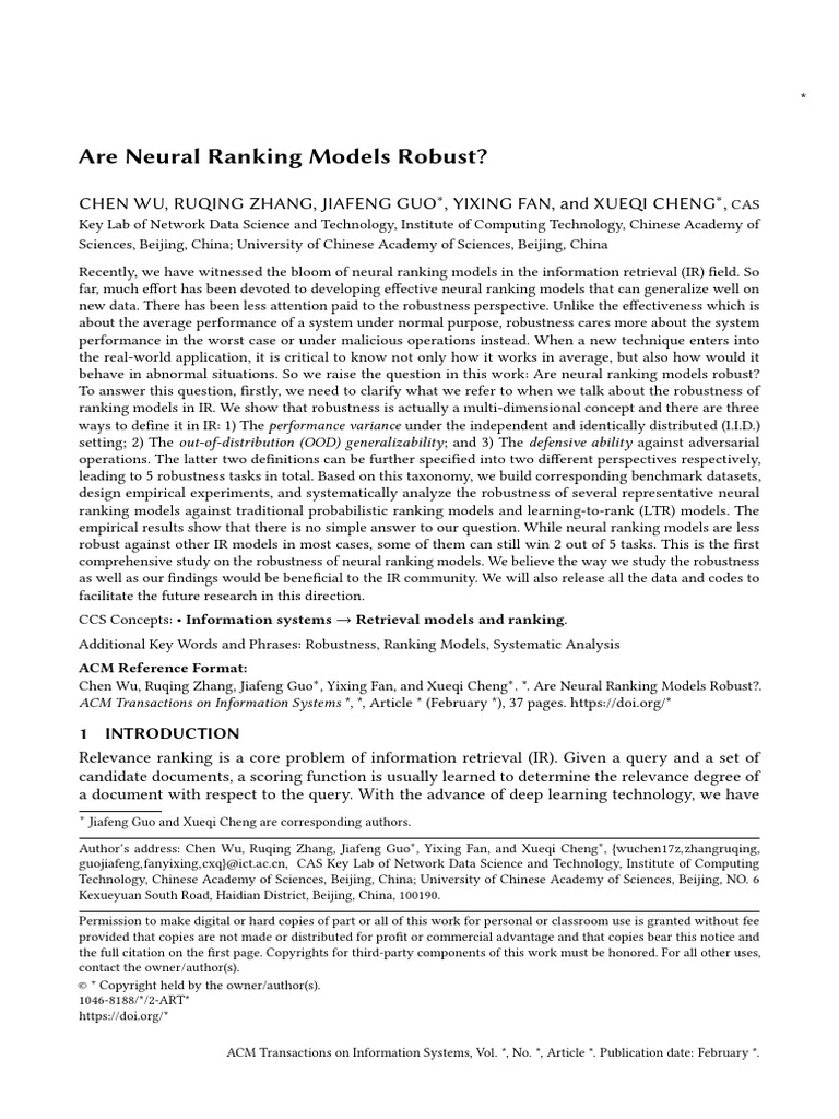 Wu Et Al. - 2022 - Are Neural Ranking Models Robust | PDF | Information Retrieval | Machine Learning