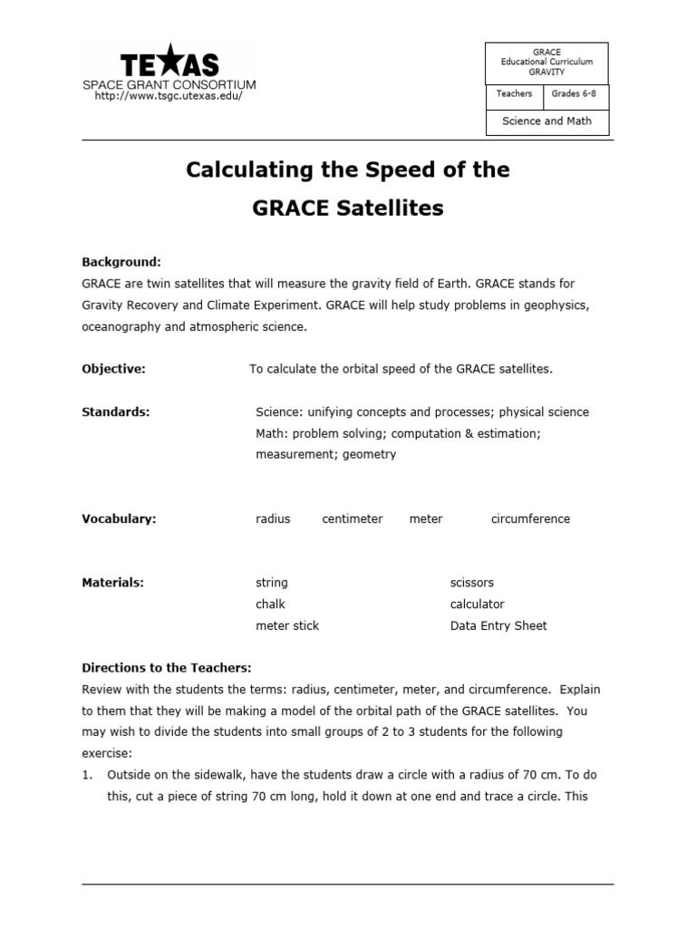 GRACE Satellites: Speed Calculation Lesson | PDF | Speed | Satellite