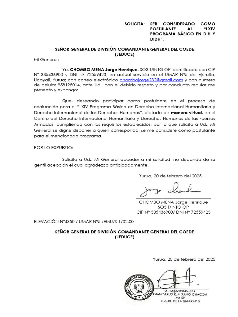 1-Jorge Chombo Solicitud de Curso Dih y Didh | PDF