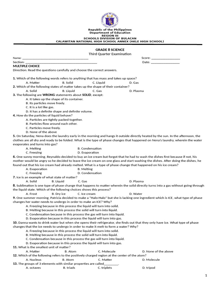 Grade 8 Science Exam: States of Matter | PDF | Periodic Table | Atomic ...