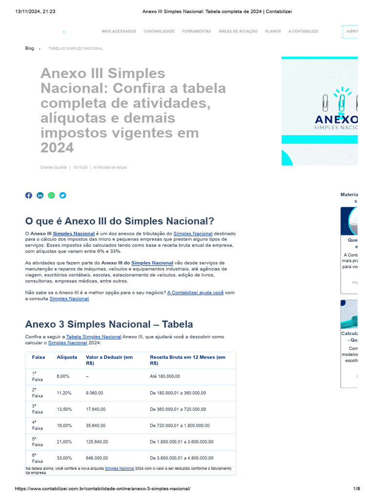 CONTABILIZEI - Anexo III Simples Nacional - Tabela Completa de 2024 - Contabilizei | PDF ...