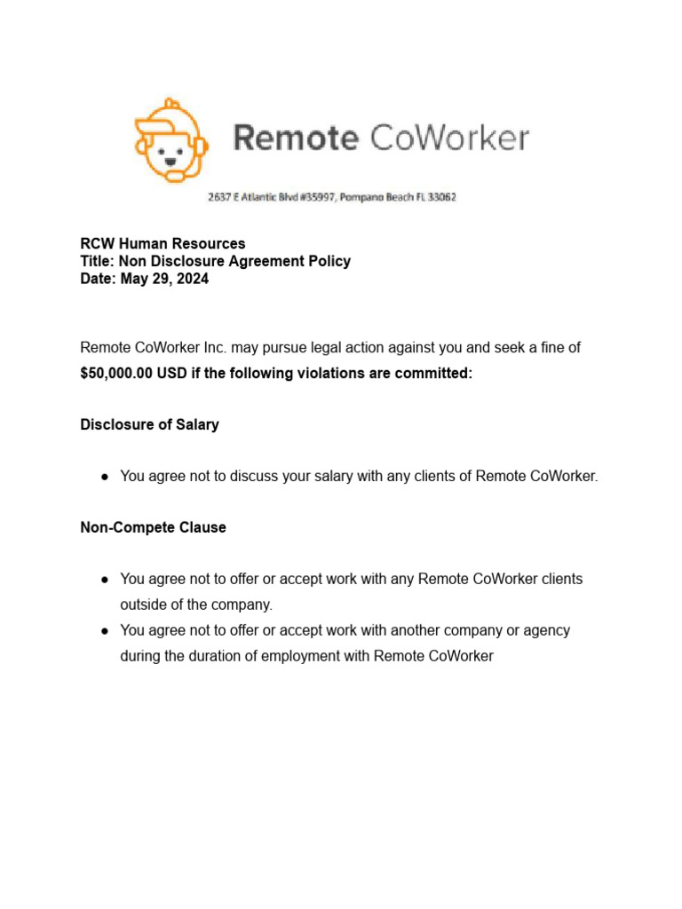 RCW HR - NDA Policy | PDF