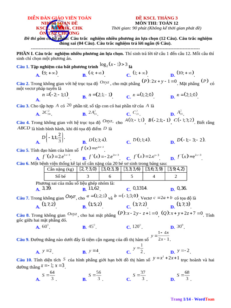 Tổ DB4. KSCL Tháng 3 Môn Toán Lớp 12 | PDF