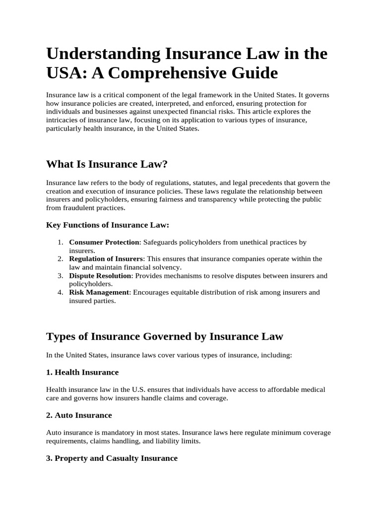 Insurance Law Overview in the USA | PDF | Insurance | Vehicle Insurance