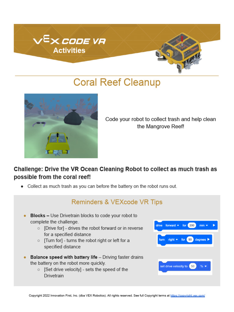 VEXcode VR Coral Reef Cleanup Coding Activity - Student Page | PDF