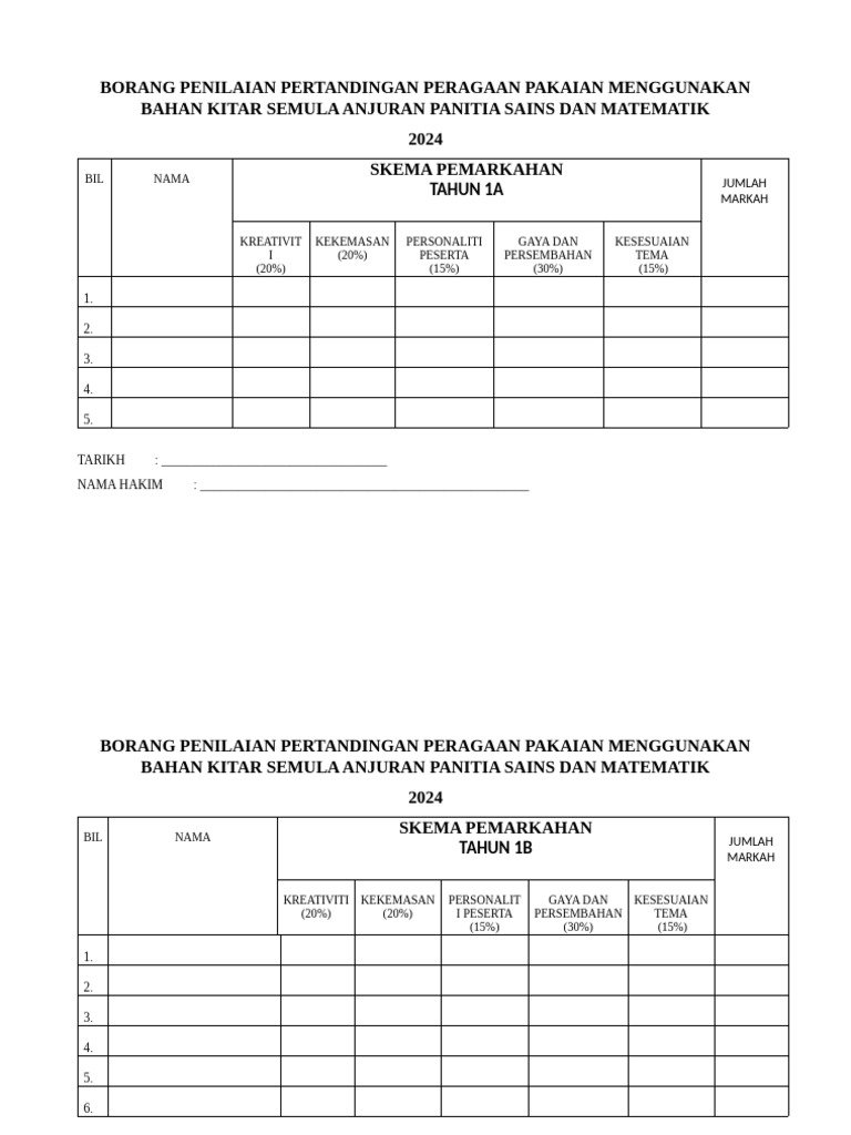 Borang Penilaian Pertandingan Peragaan Pakaian 2024 | PDF