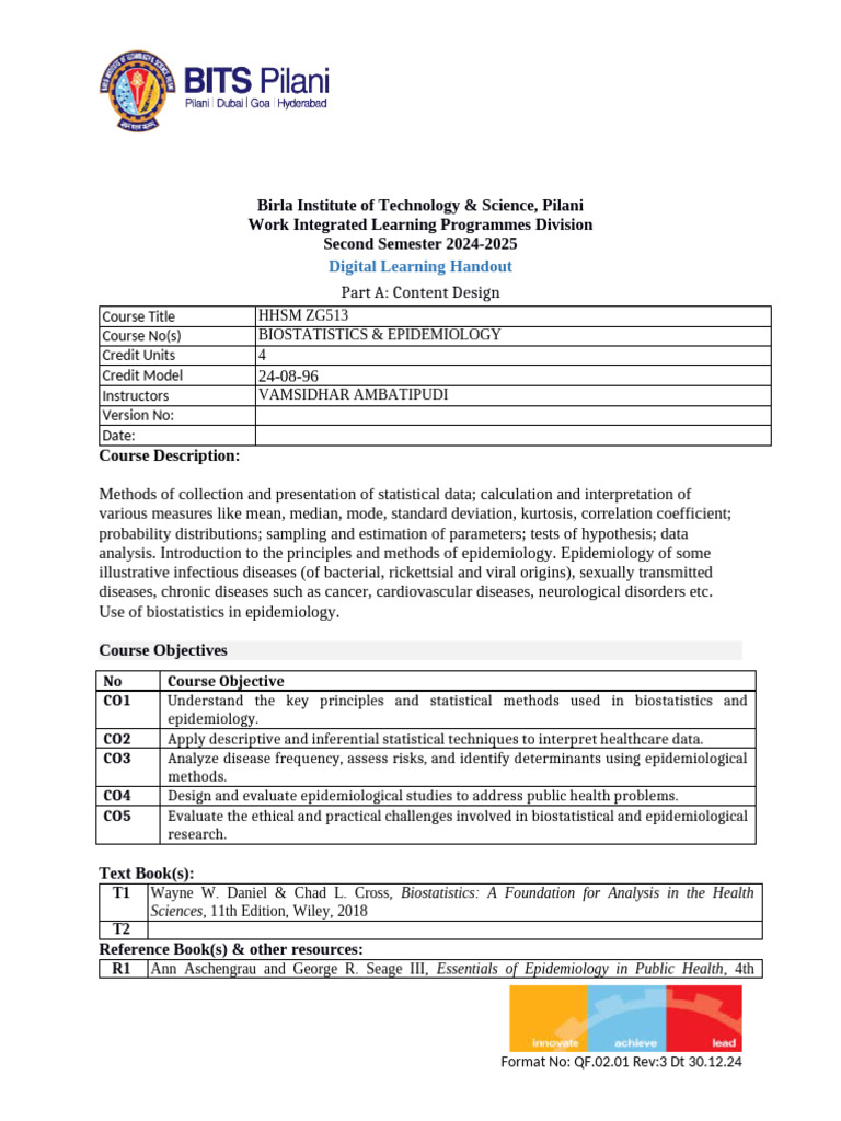 HHSM ZG513 Course Handout | PDF | Biostatistics | Epidemiology