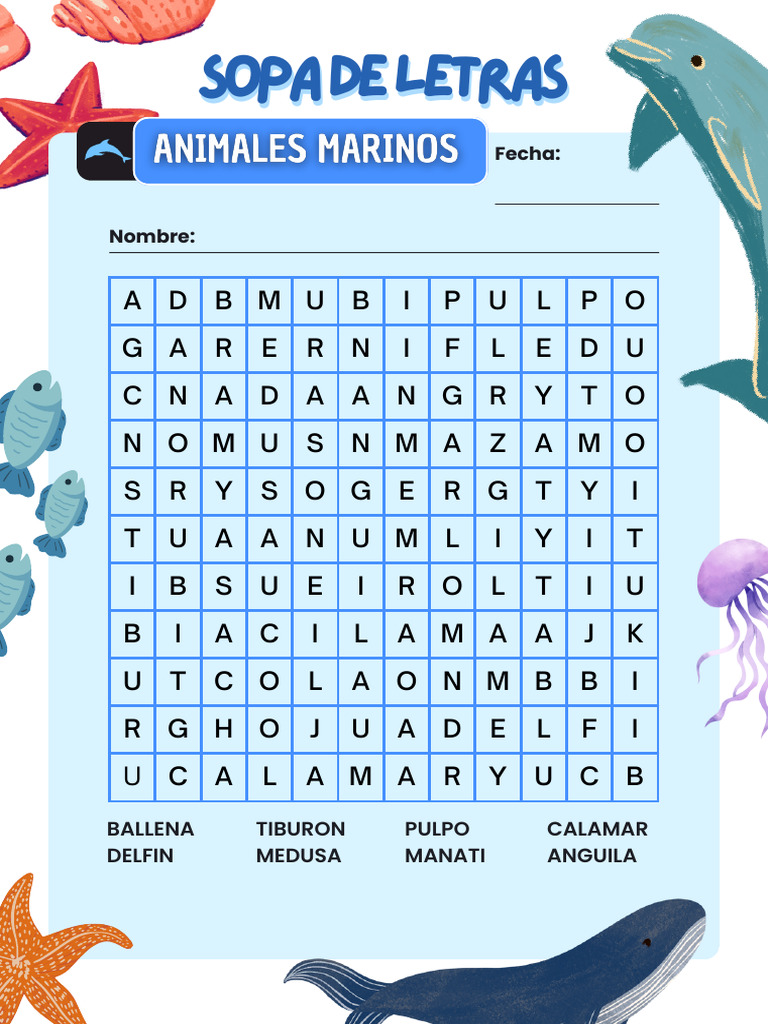 Sopa de Letras Niños Animales Marinos Divertido Ilustrativo Azul ...