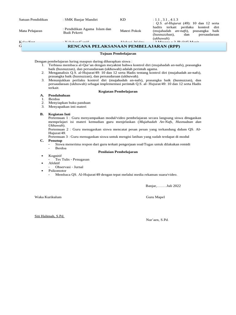 RPP Kelas X SMT 1 2022-2023 | PDF