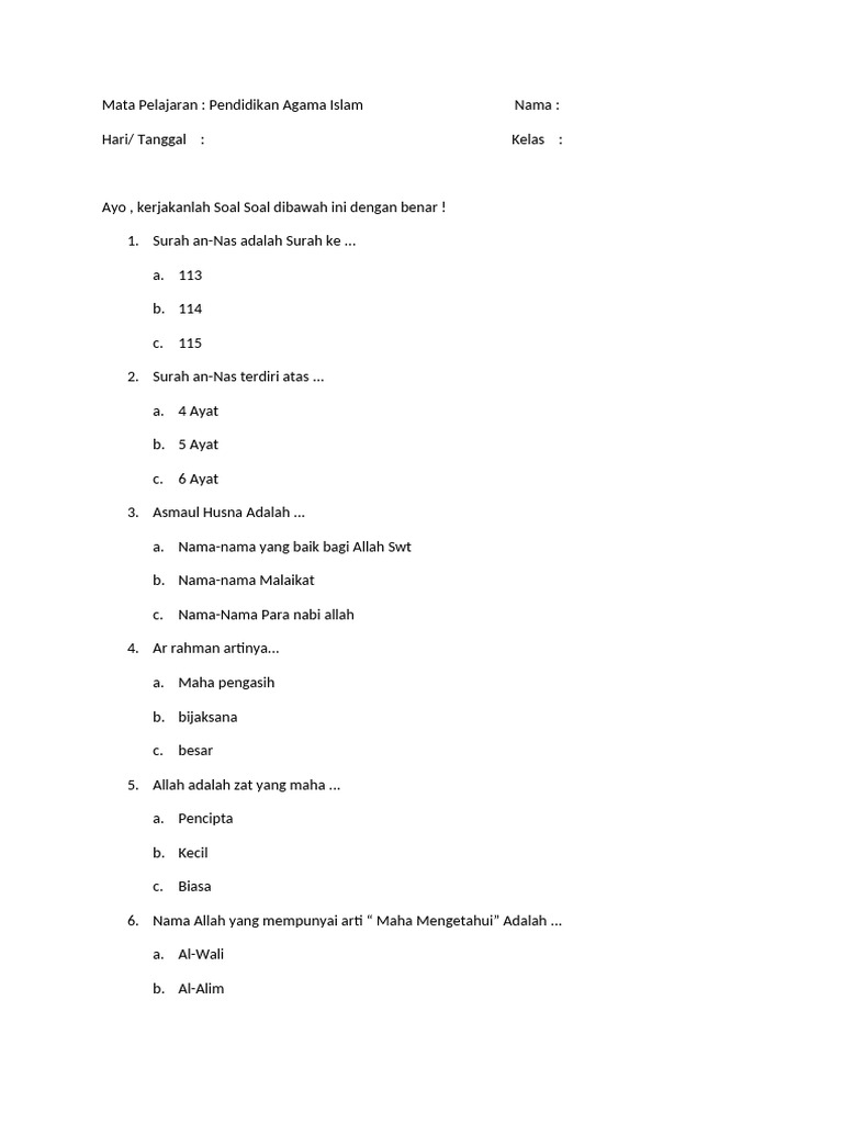 Soal Ujian Agama Kelas 2 SD | PDF