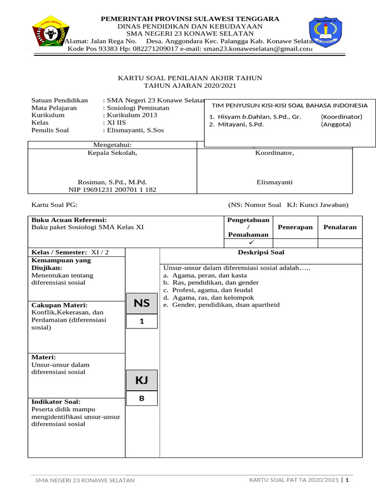 FORMAT Kartu Soal Sosiologi PAT 2021-- ( XI IIS) | PDF