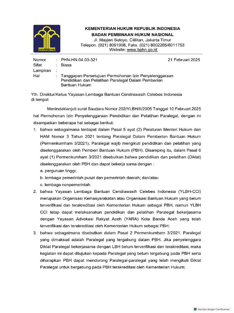 Tanggapan Persetujuan Permohonan Izin Penyelenggaraan Pendidikan dan Pelatihan Paralegal Dalam ...