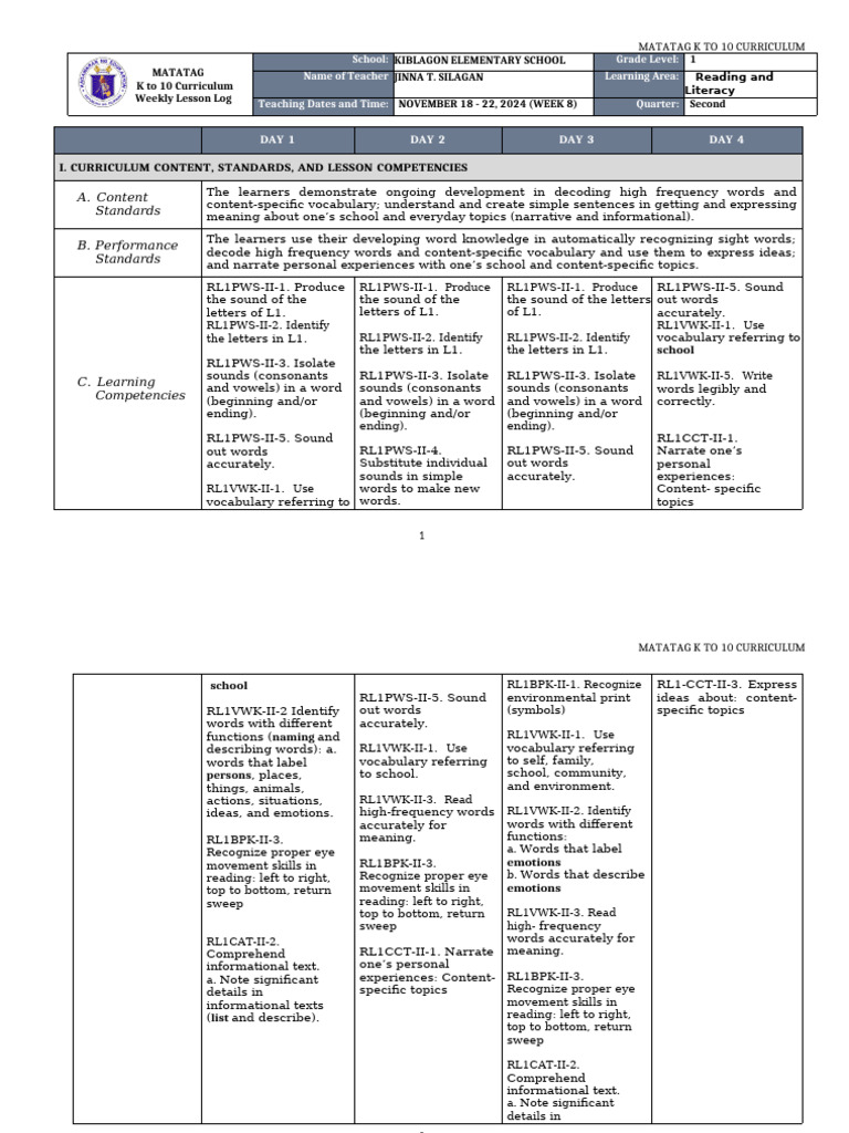 DLL Matatag - Reading&literacy 1 - Q2 - W8 | PDF | Vocabulary | Writing