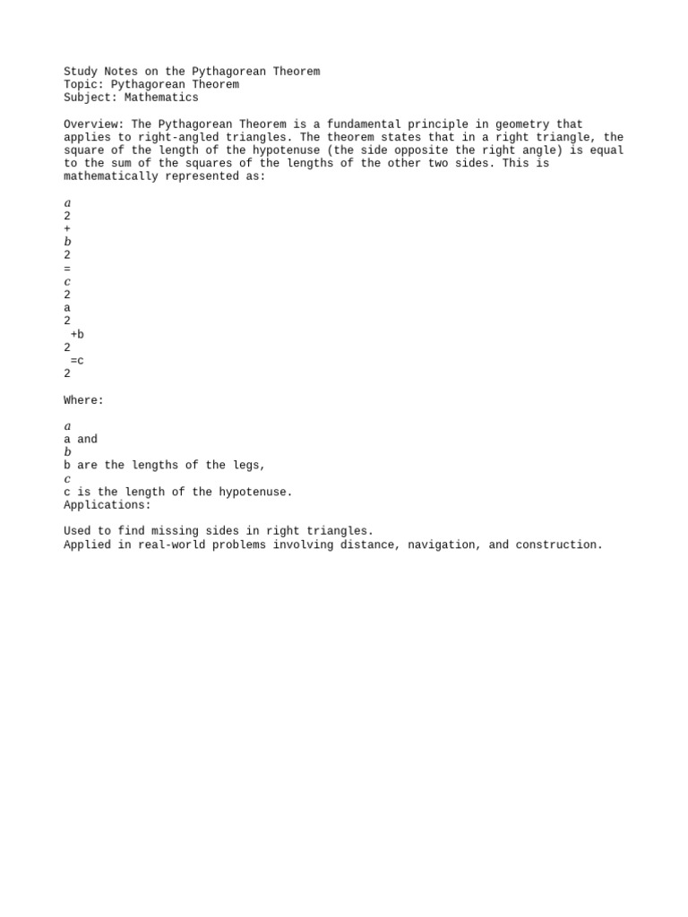 Pythagorean Theorem Study Notes | PDF