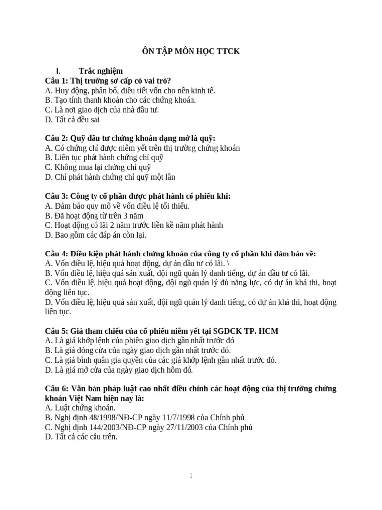 ÔN TẬP MÔN HỌC TTCK (1) | PDF