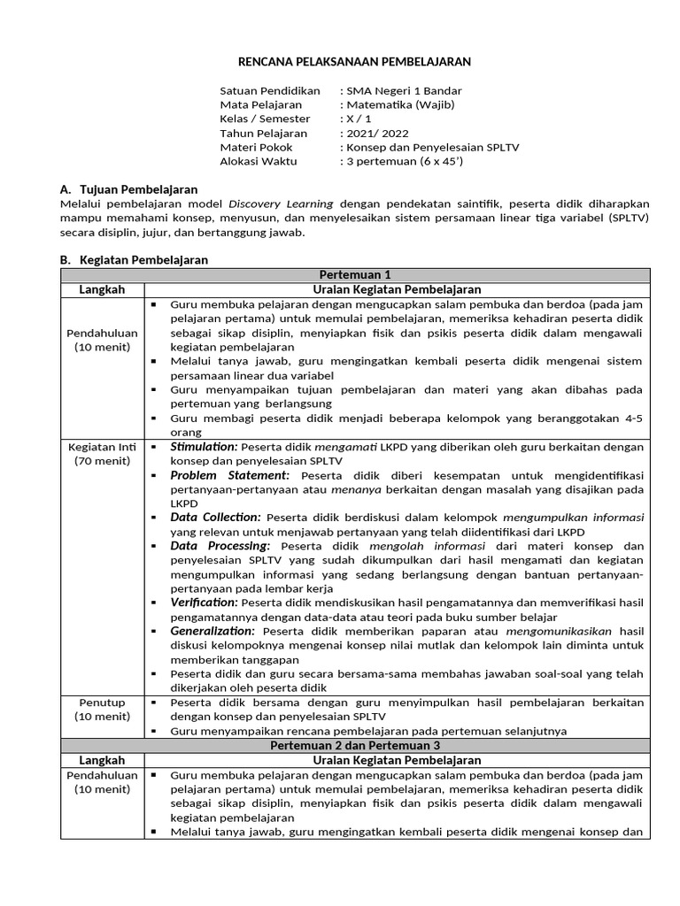 8. (Konsep dan Penyelesaian SPLTV) RPP Mat Wajib 2021-2022 | PDF