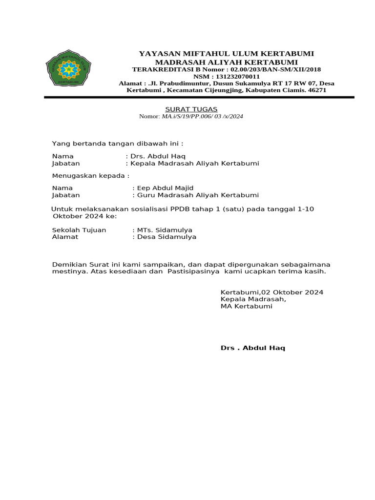 Surat Tugas PPDB | PDF