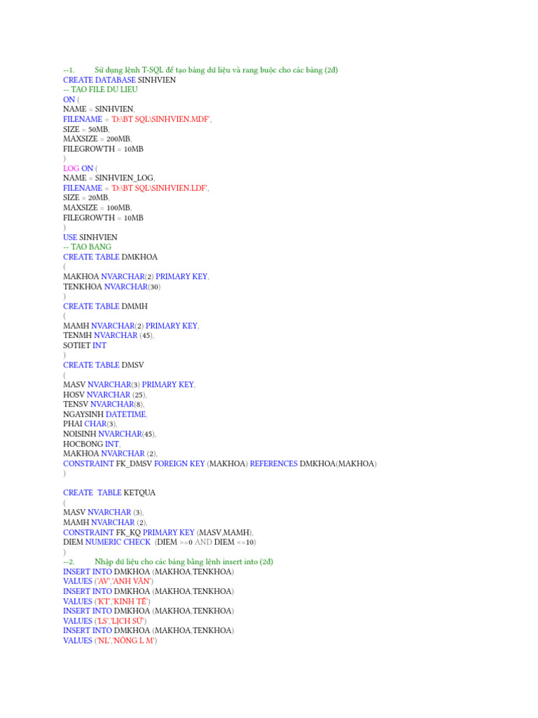 SQL Sinh Viên | PDF
