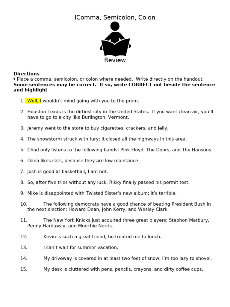 Comma Semicolon Colon Worksheet 1 | PDF