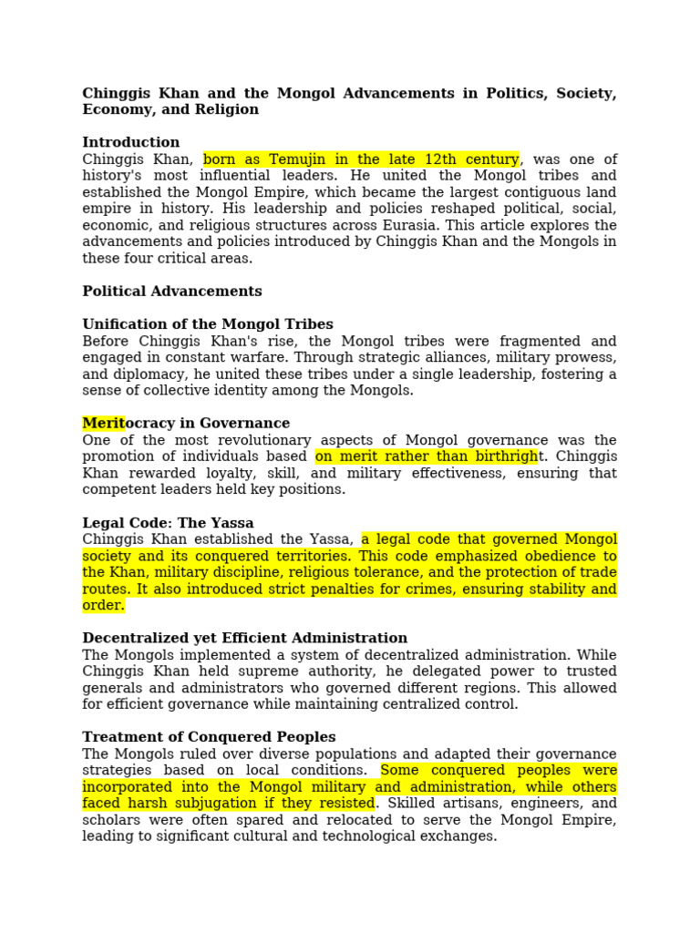 Chinggis Khan and The Mongol Advancements in Politics Qs | PDF | Mongol ...