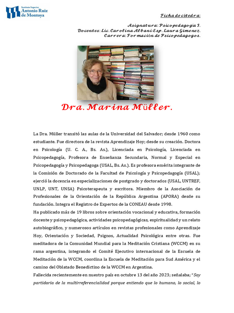 Biografía de la Dra. Marina Müller | PDF | Maestros | Sicología