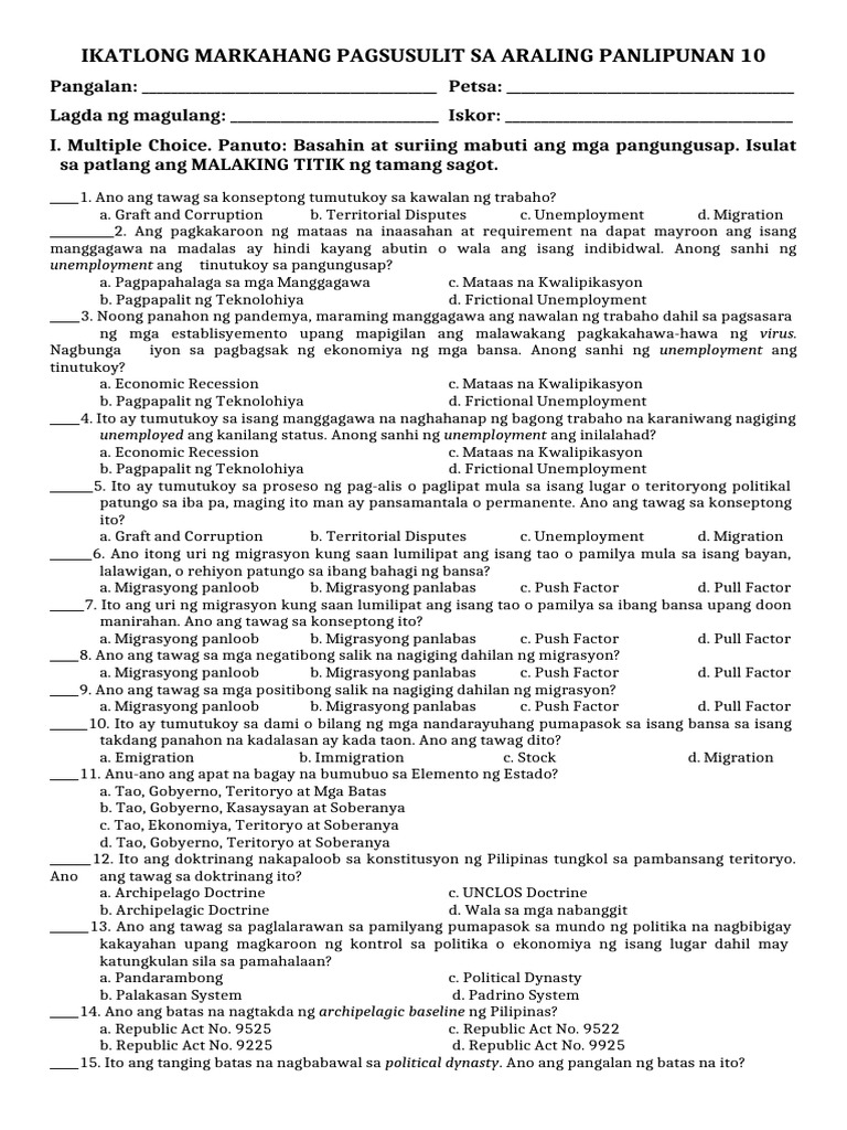 Ikatlong Markahang Pagsusulit Sa Araling Panlipunan 10: Unemployment | PDF