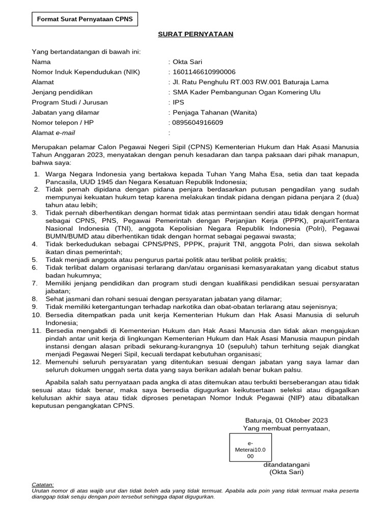 Surat Pernyataan CPNS 2023-Okta | PDF