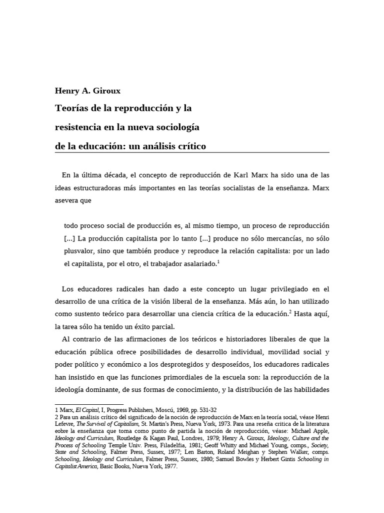 31 HenryAGiroux - TEORÍA DE LA REPRODUCCIÓN Extracto | PDF | Plan de estudios | Teoría