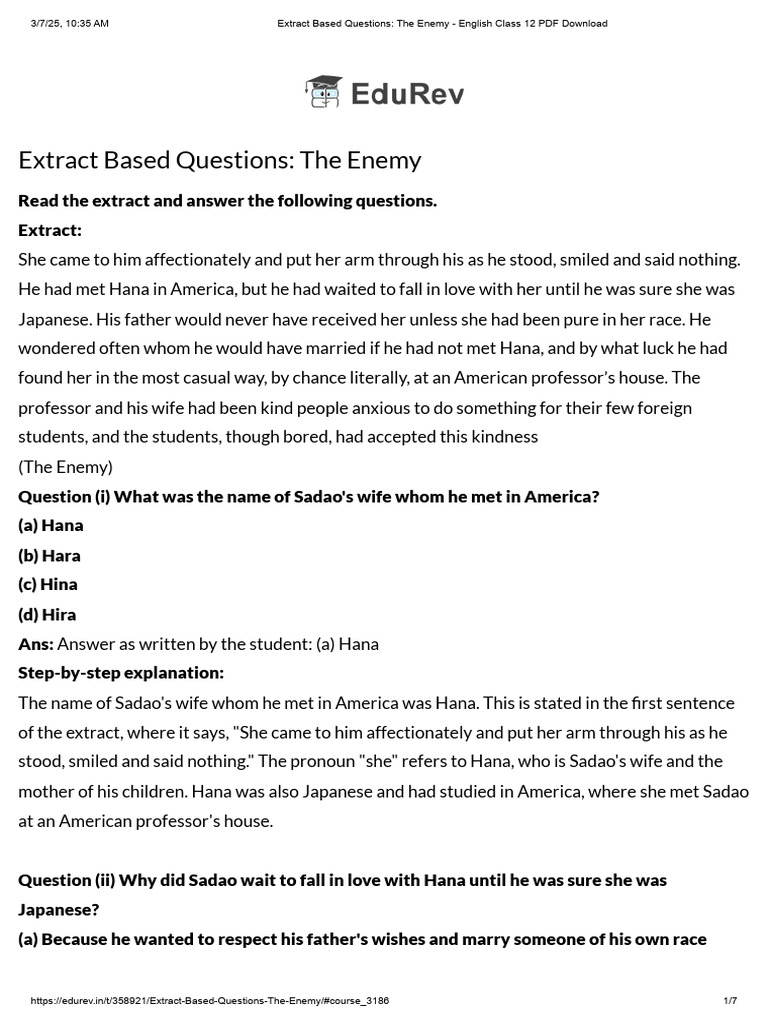 Extract Based Questions - The Enemy - English Class 12 PDF Download | PDF | Mind