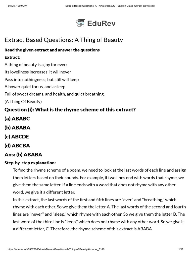 Extract-Based Questions on Beauty Poem | PDF | Beauty | Nature