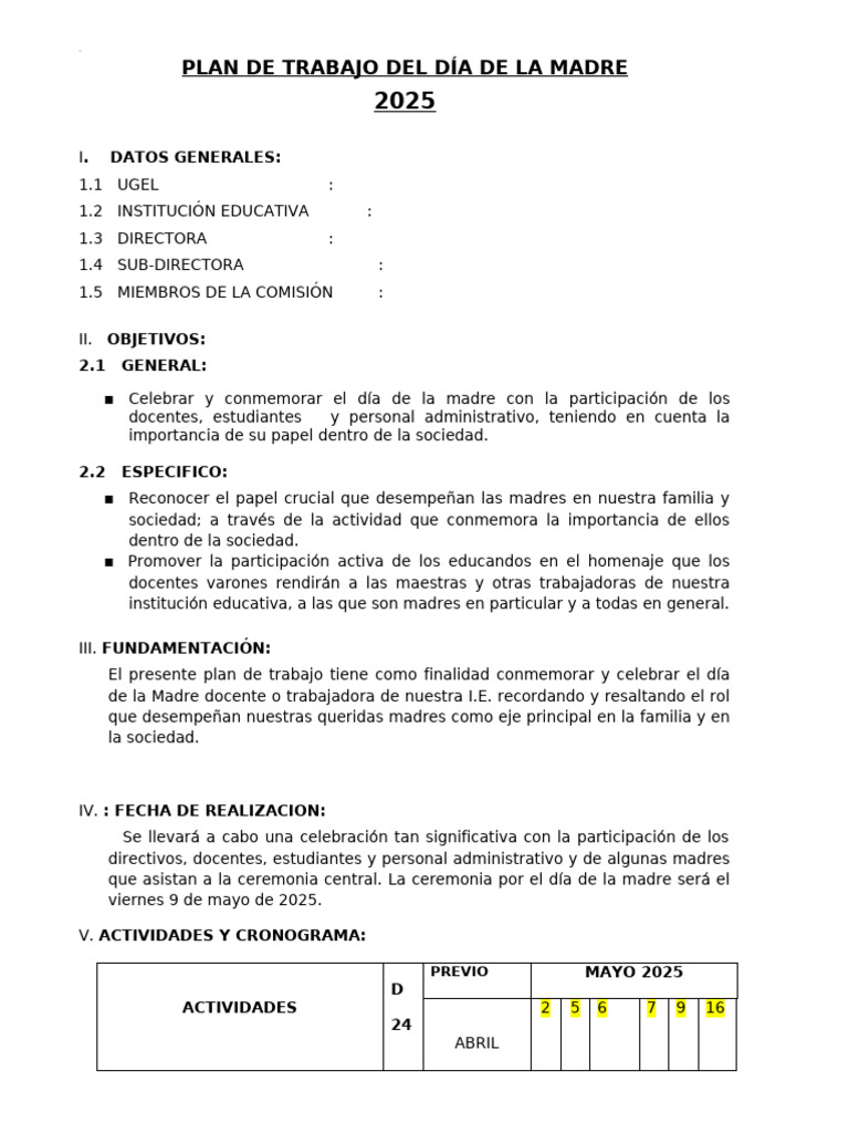 Día de La Madre - Plan de de Trab. 2025 | PDF