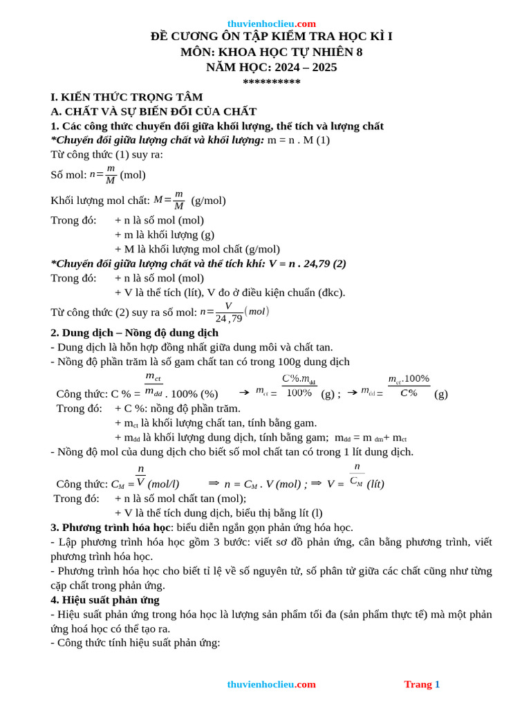 De Cuong On Tap HK1 KHTN 8 CTST Nam 24 25 | PDF