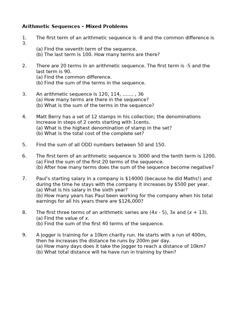 Arithmetic Sequence Problem Set | PDF | Mathematics | Arithmetic