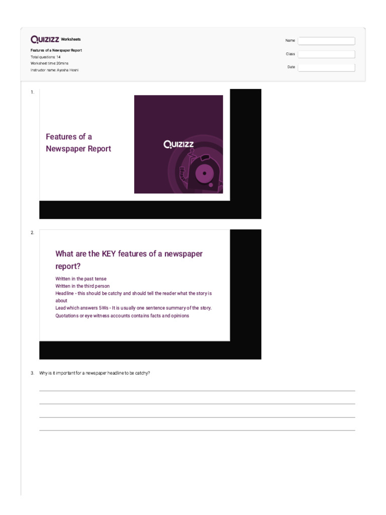 Features of A Newspaper Report - Quizizz | PDF | Rhyme