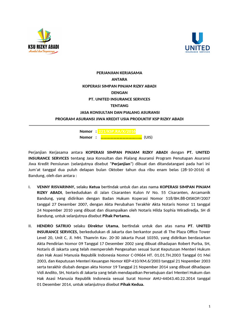 Draft PKS UIS DGN KOPERASI RIZKY ABADI | PDF