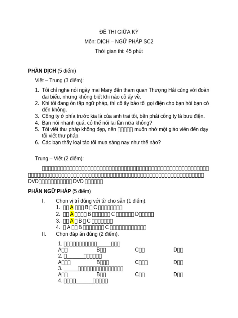 ĐỀ THI GIỮA KỲ - DỊCH NGỮ PHÁP SC2 | PDF