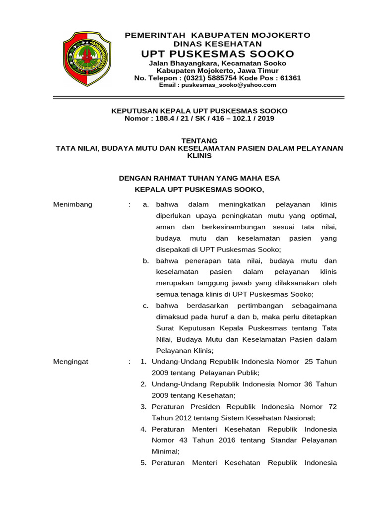 21. SK Tata Nilai & Budaya Mutu dlm Pelayanan Klinis Sooko | PDF