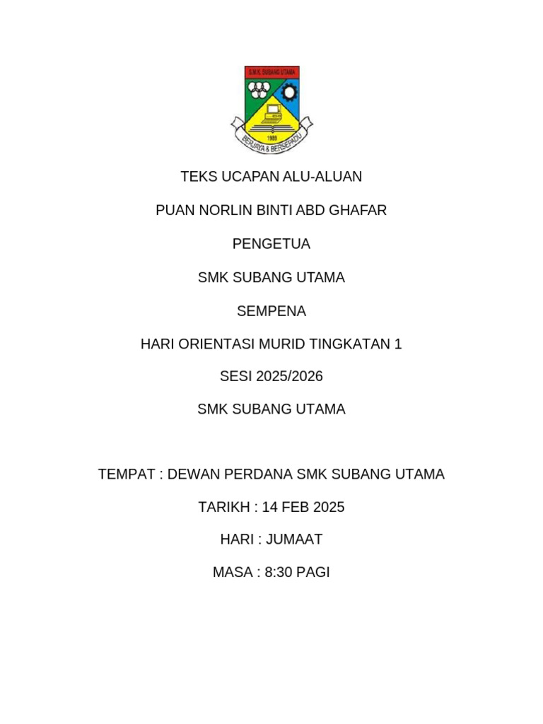 Teks Ucapan Pengetua SMKSU Orientasi t1 2025 (Edited) | PDF