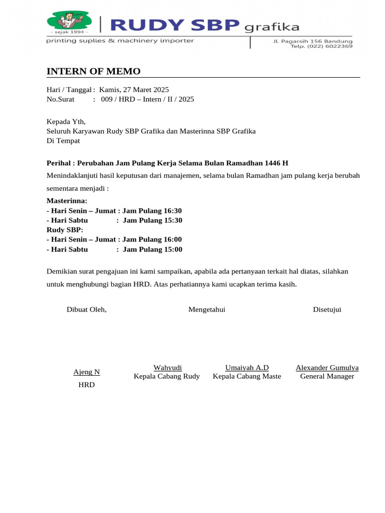 Memo Intern - Jam Pulang Bulan Ramadhan | PDF